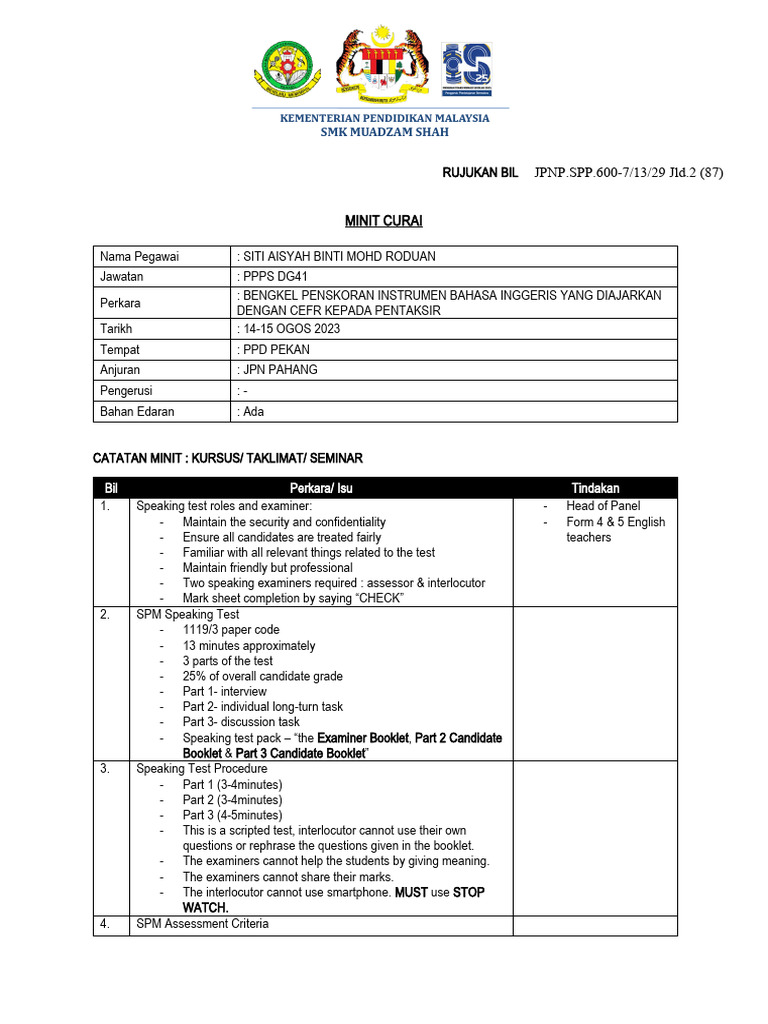 Minit Curai Bengkel Cefr 2023 | PDF