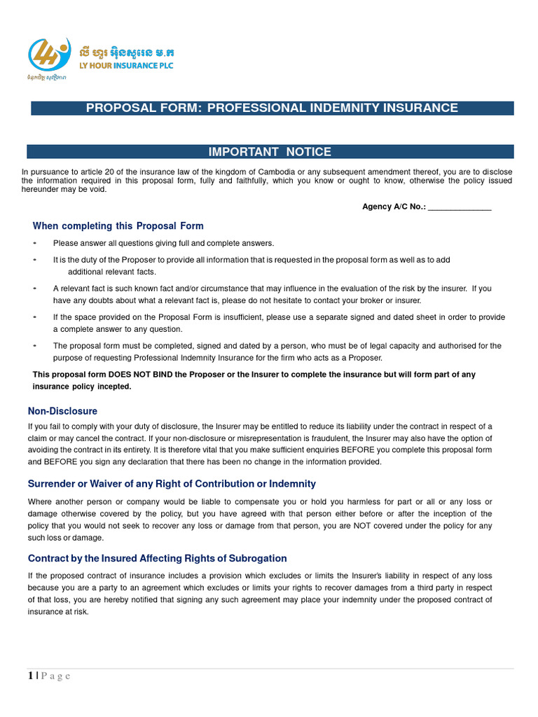 Professional Indemnity Insurance Proposal | PDF | Insurance ...