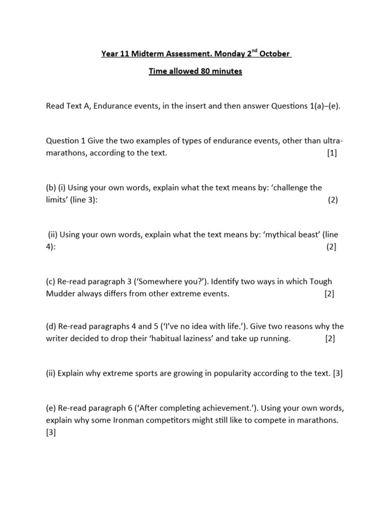 Year 11 Midterm Assessment Mark Scheme | PDF