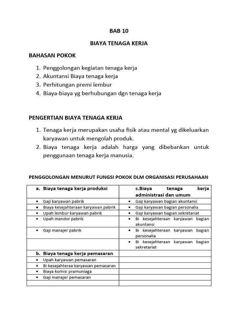 Materi Biaya Tenaga Kerja (Akbi) Bab 10 | PDF