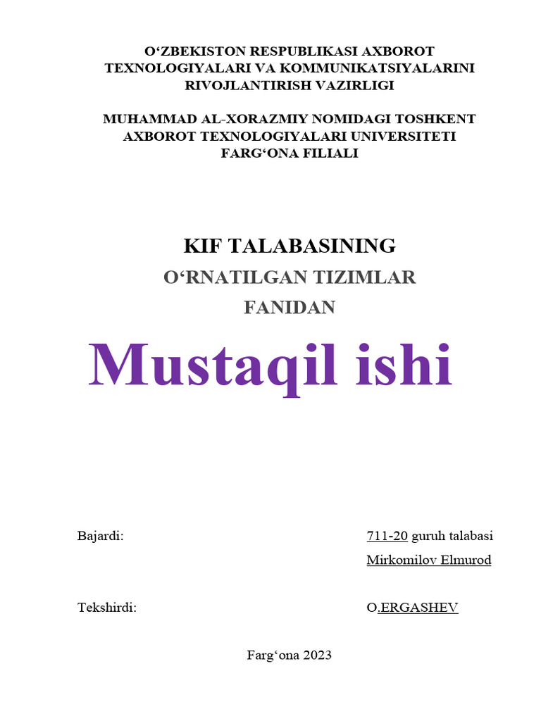 O'rnatilgan Tizimlar Mustaqil Ish 11 Mavzu | PDF