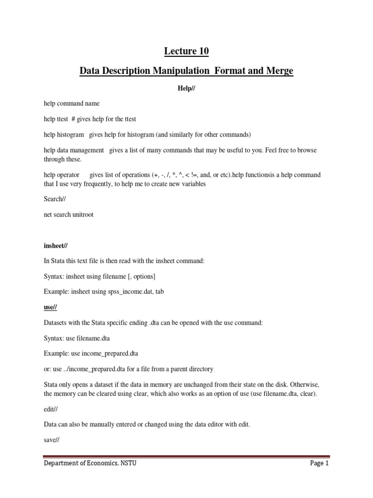 Lec10-Stata DataDescriptionManipulationFormattingMerge | PDF