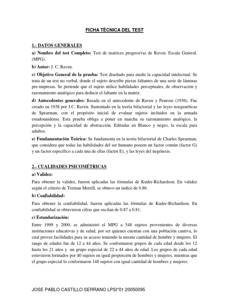 Ficha Técnica Del Test (Raven Escala General) CPR | PDF