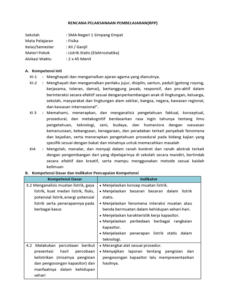 Rencana Pelaksanaan Pembelajaran (RPP) | PDF