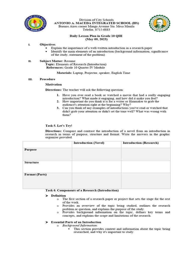 Lesson Plan in Chapter I: Introduction | PDF
