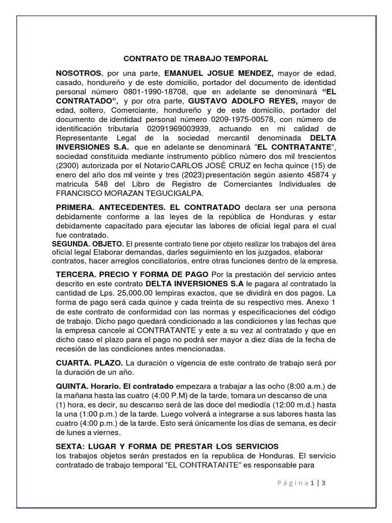 contrato de trabajo temporal | PDF | Honduras