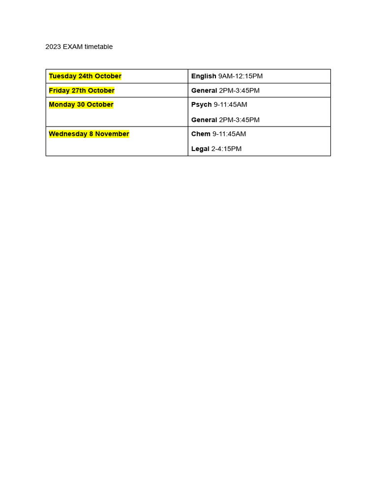 2023 EXAM Timetable | PDF