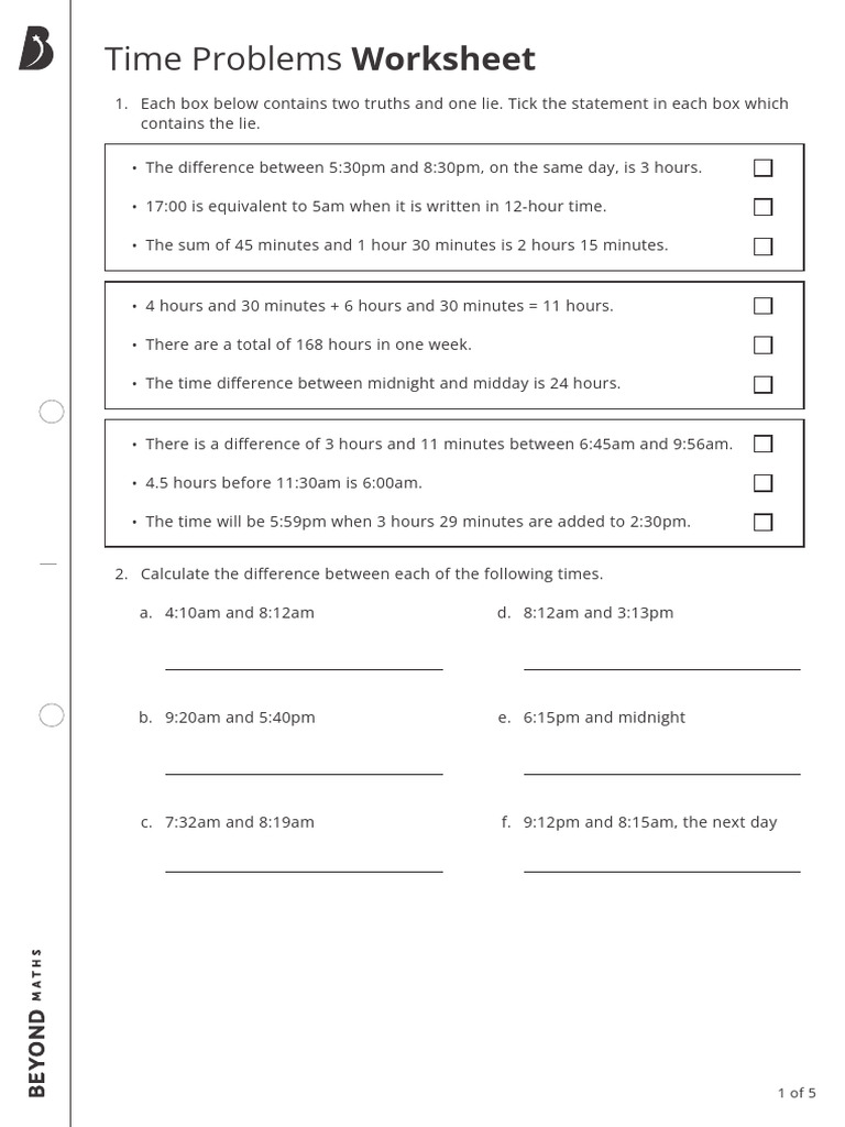 Time Problems Worksheet | PDF