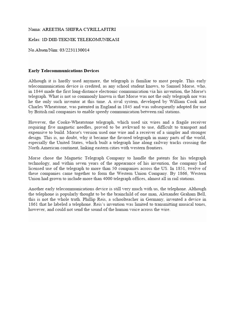 Early Telecommunications Devices Reading Answers | PDF