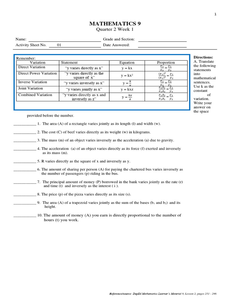 Math 9 Q2 LAS | PDF | Equations | Weight