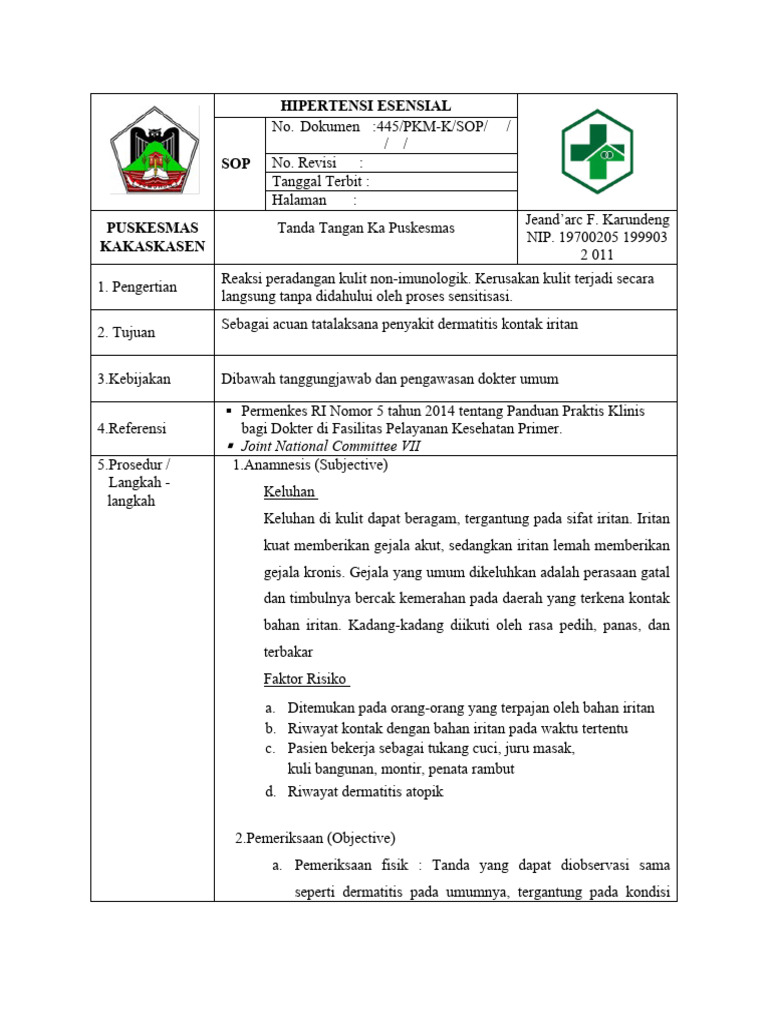 Sop Dermatitis Kontak Iritan | PDF
