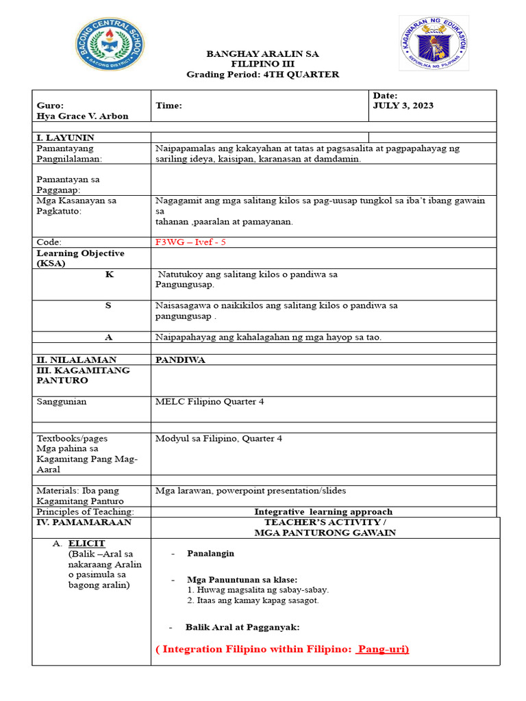 Cot Pandiwa Grade 3 4th Quarter I Filipino 2022 Pdf