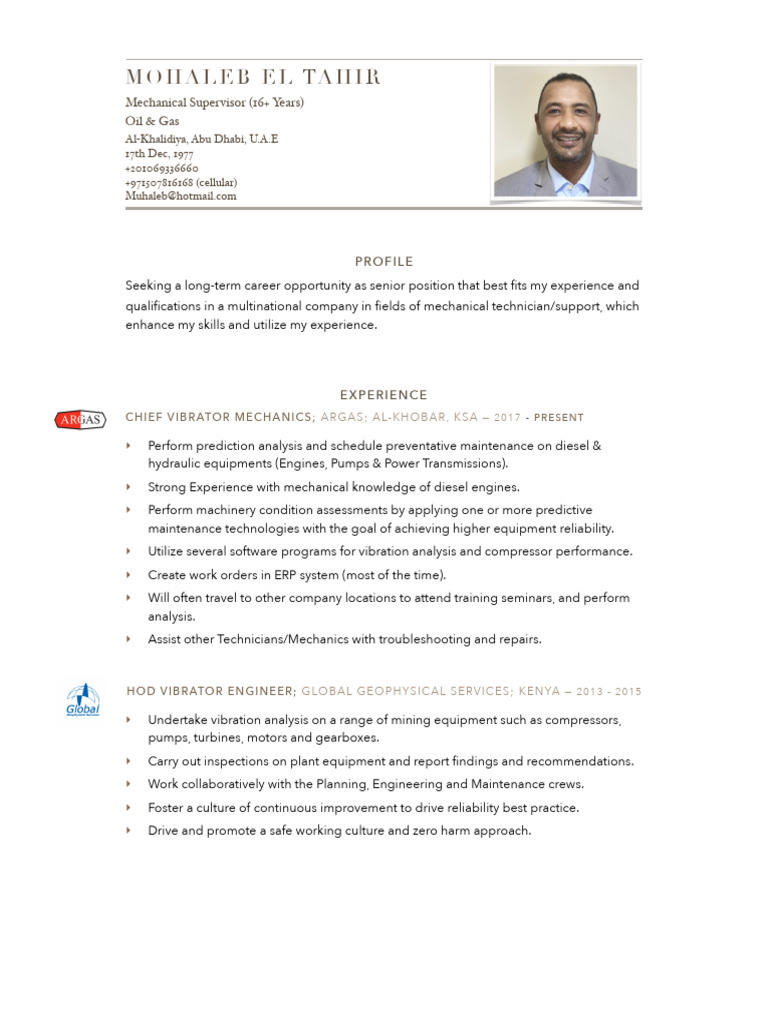 Mechanical Supervisor CV for Oil & Gas | PDF