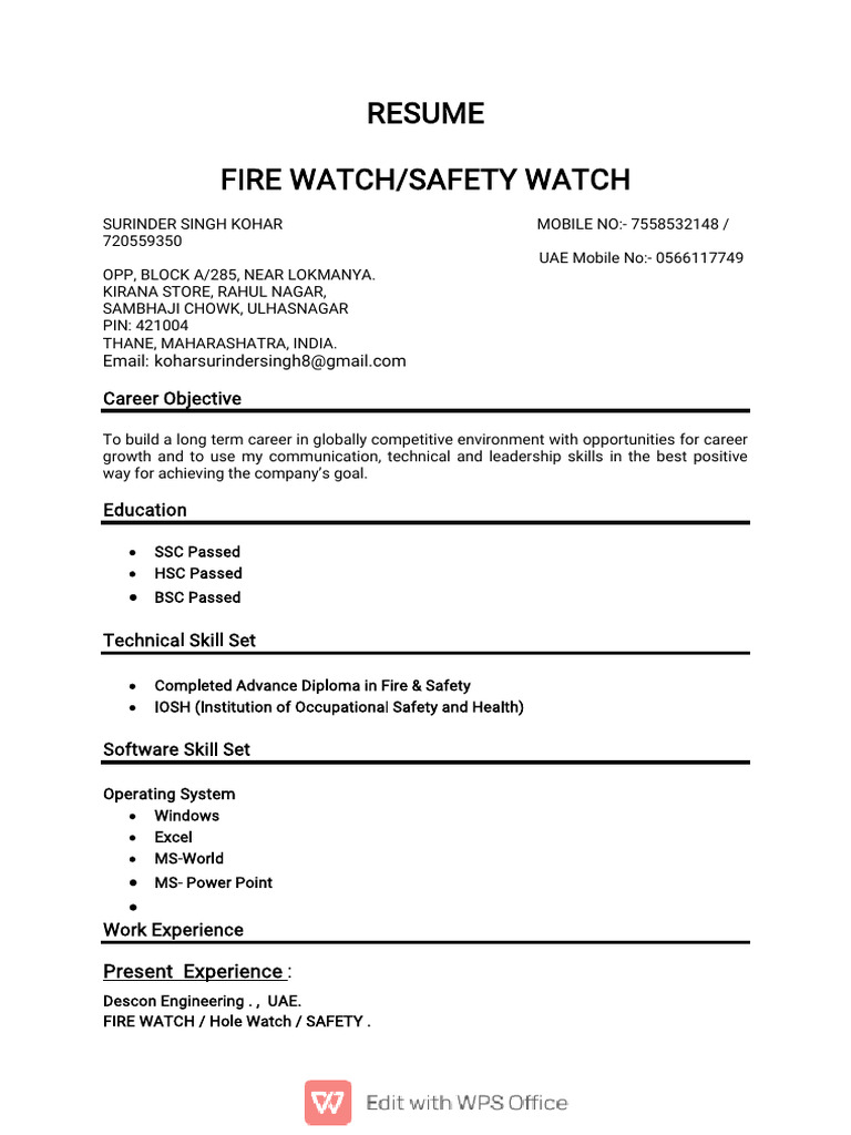 Fire Watch CV | PDF