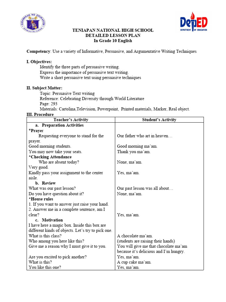 Grade 10 Persuasive Writing Lesson Plan | PDF