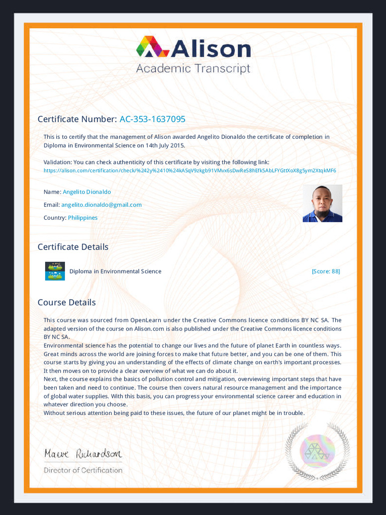 Alison Certificate Transcript Diploma in Environmental Science | PDF
