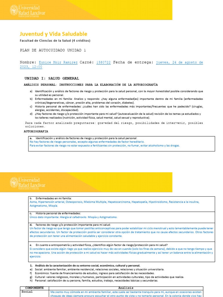 Plan de Autocuidado Unidad 1 | PDF