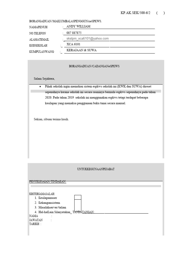 Borang-Aduan-ESPKWS (XCA 6101) | PDF