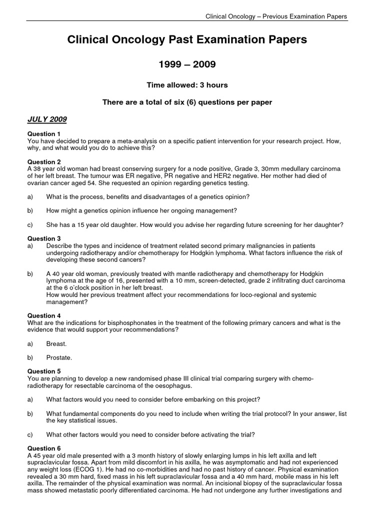 Phase 2 Previous Examination Papers - Clinical Oncology - 1999 To 2009 ...
