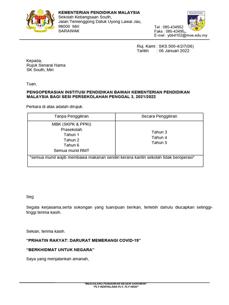 Surat Pengoperasian Sekolah 2022 | PDF