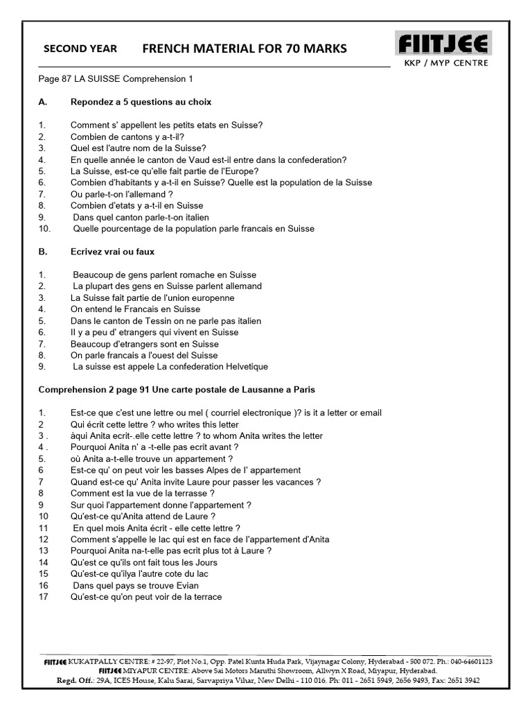 Second Year French Material (70 Marks) | PDF