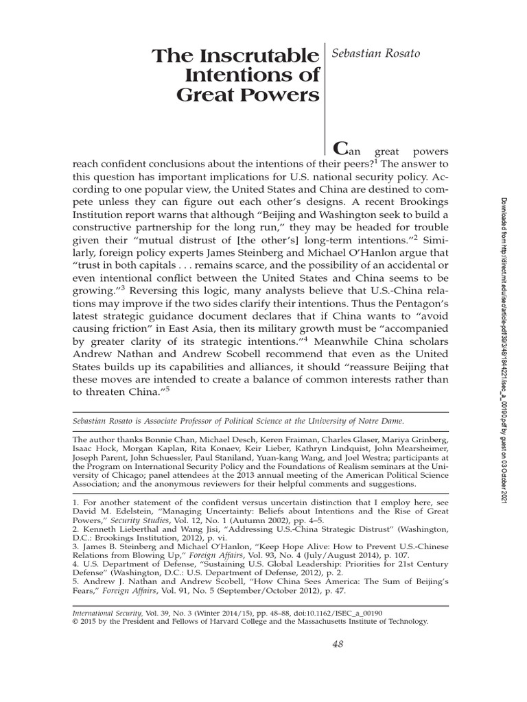 The Inscrutable Intentions of Great Powers: Sebastian Rosato | PDF