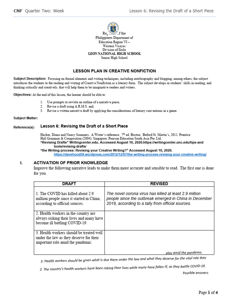 CNF Lesson 6 Revising The Draft of A Short Piece | PDF