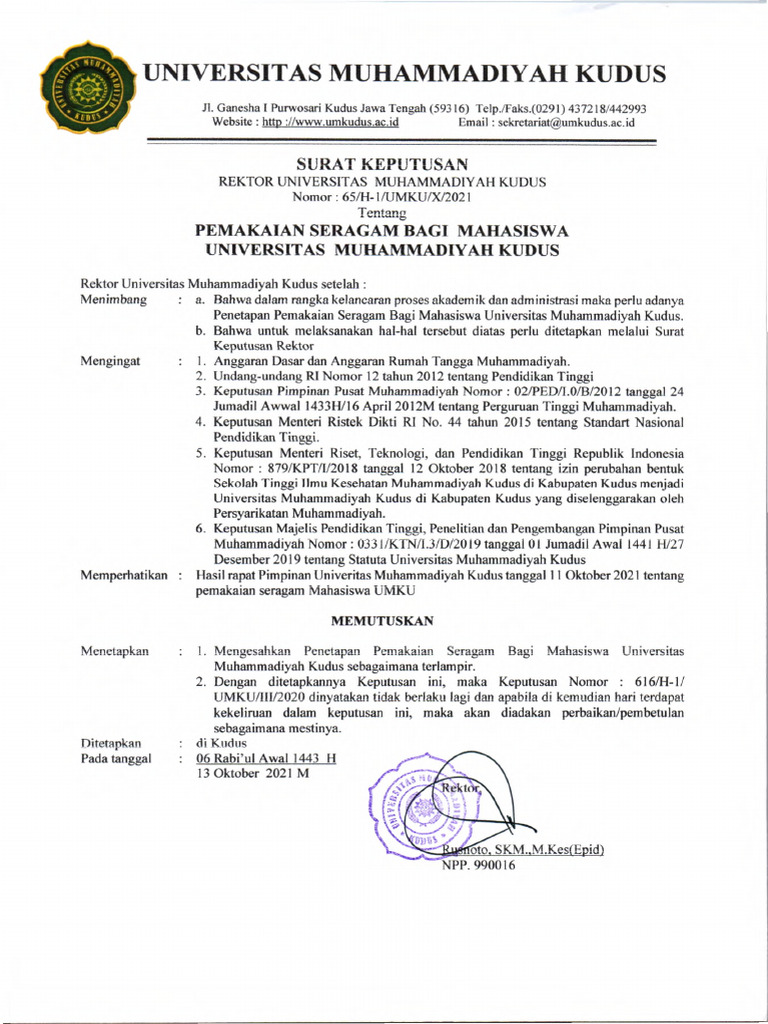 65, SK Pemakaian Seragam Bagi Mahasiswa UMKU | PDF