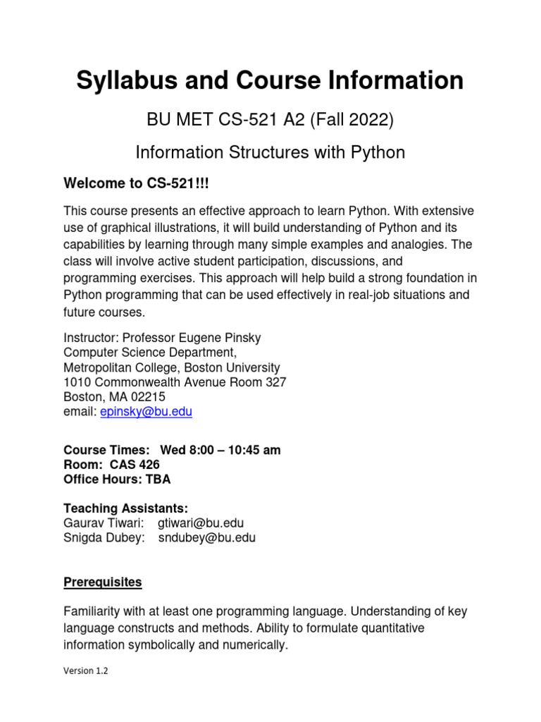 Syllabus CS 521 Fall A2 | PDF