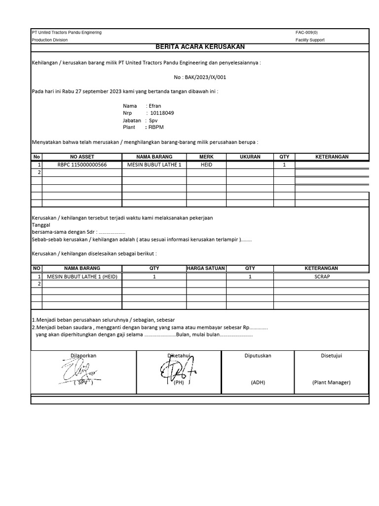 Form BAK Mesin Bubut LATHE 1 270923 | PDF