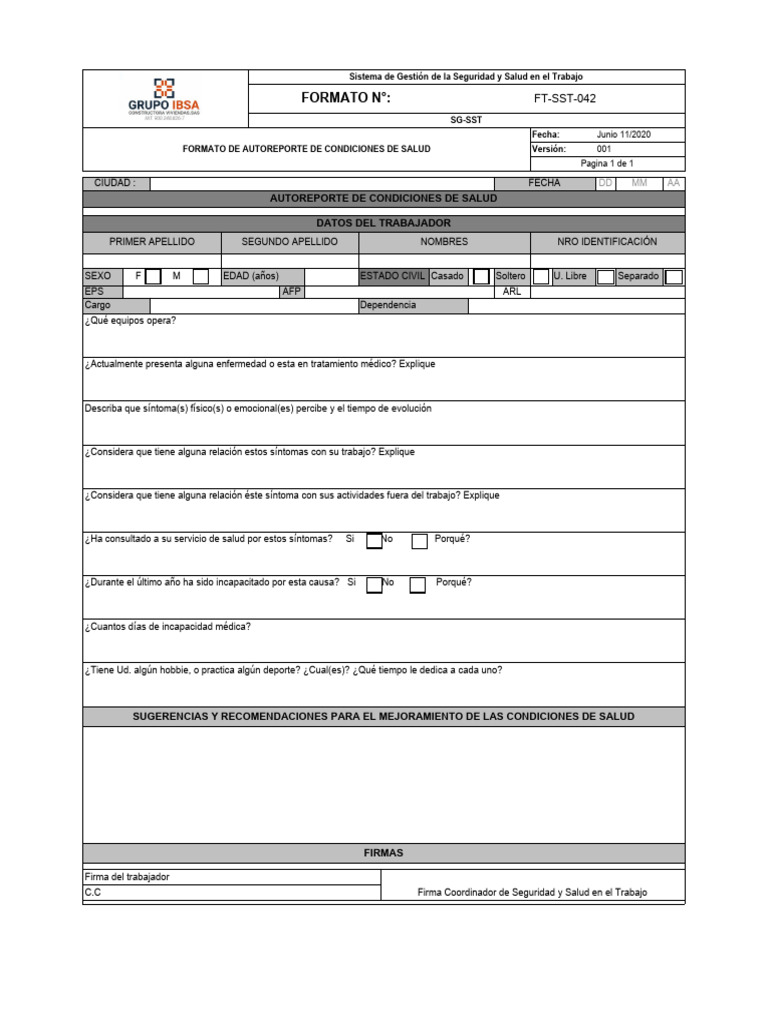 FT-SST-042 Formato Autoreporte de Condiciones de Salud | PDF FT-SST-042 Formato Autoreporte de Condiciones de Salud | PDF