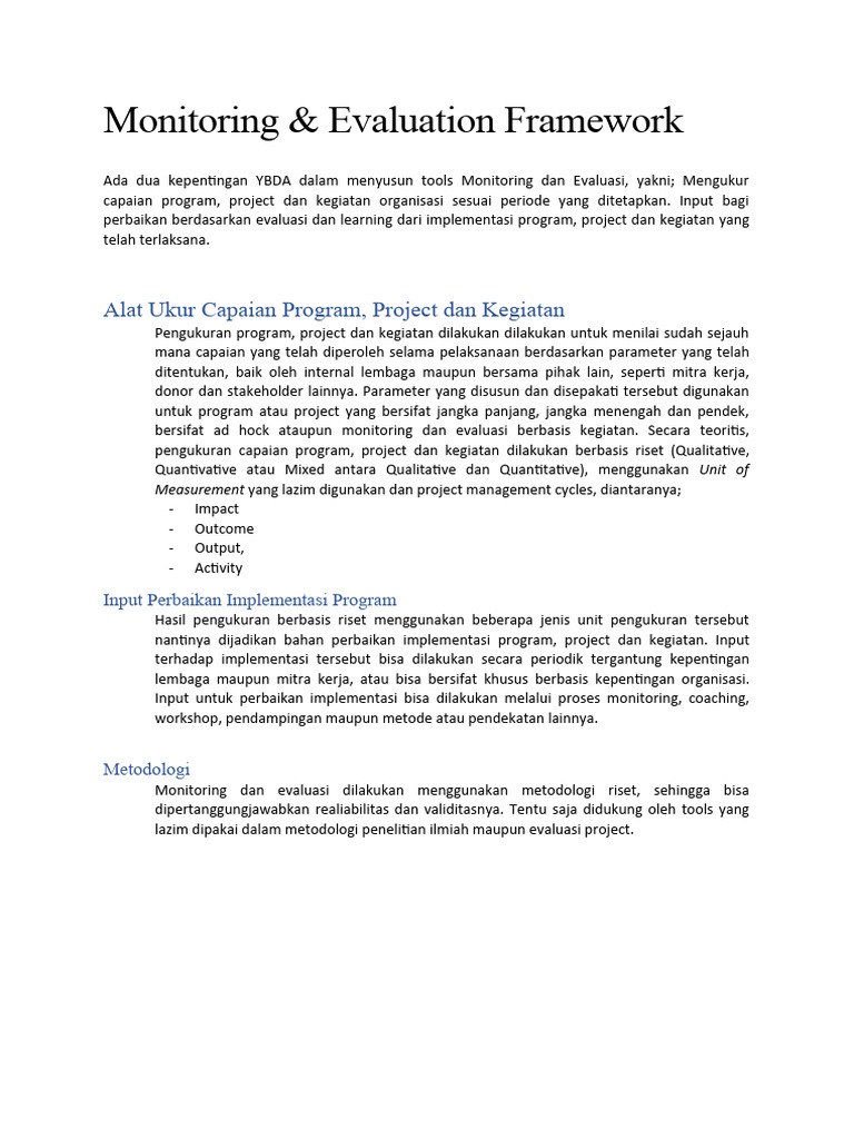 Monitoring & Evaluation Framework Ybda | PDF