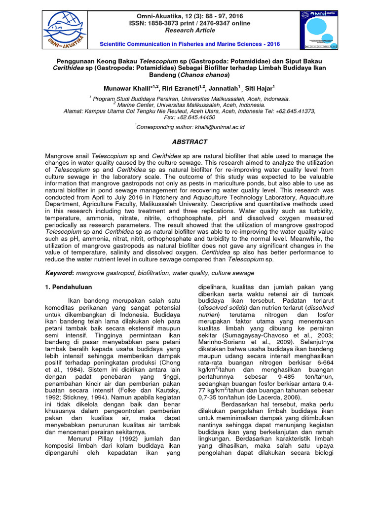 Telescopium SP Dan Siput Bakau Biofilter | PDF