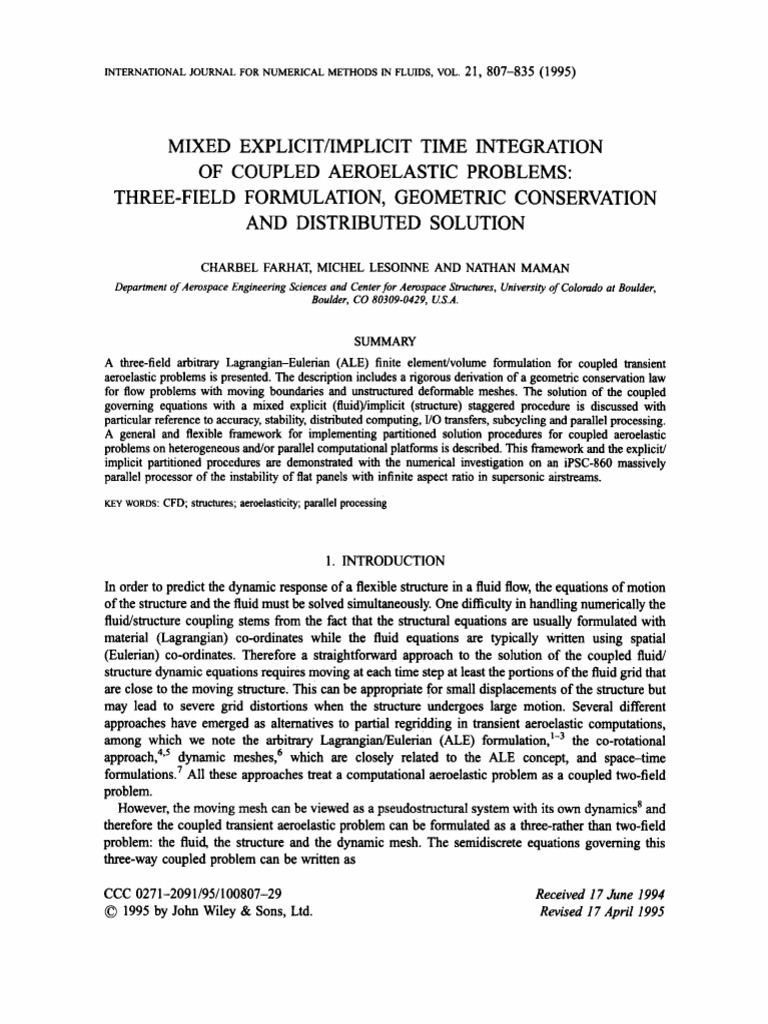 Mixed Explicitlimplicit Time Integration OF Coupled Aeroelastic Problems: and Distributed ...