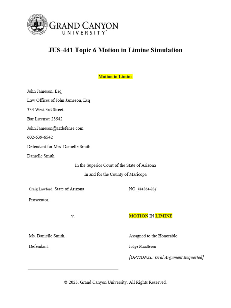 Motion in Limine for Danielle Smith Case | PDF | Prosecutor | Motion In ...