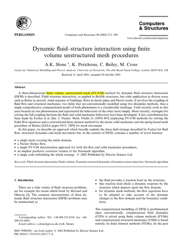 2002 Dynamic Fluid Structure Interaction Using Finite Volume Unstructured Mesh Procedures Pdf