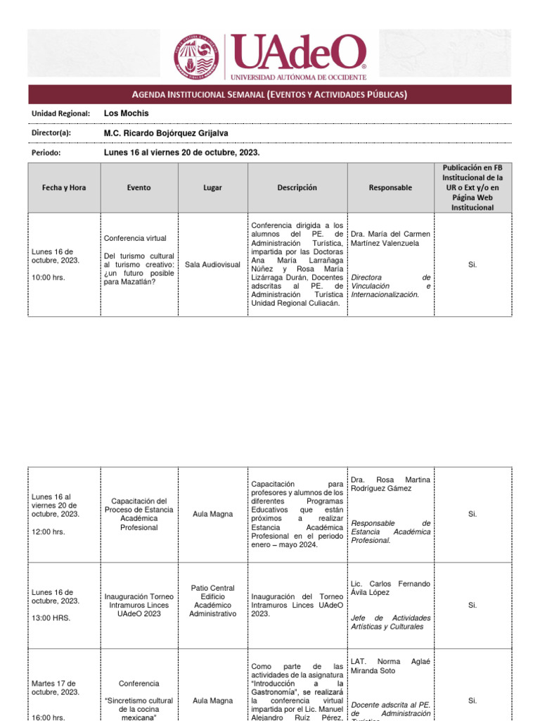 Agenda Institucional Semanal Urlm - Periodo 16 Al 20 de Octubre 2023 | PDF