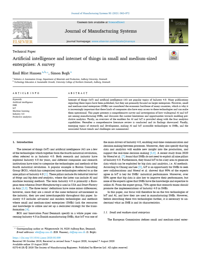 Journal of Manufacturing Systems: Emil Blixt Hansen, Simon Bøgh | PDF