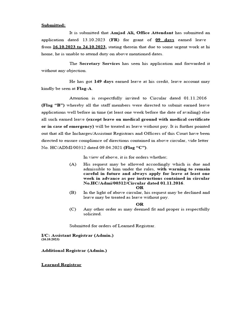 Leave Amjad Ali, Naib Qasid. | PDF