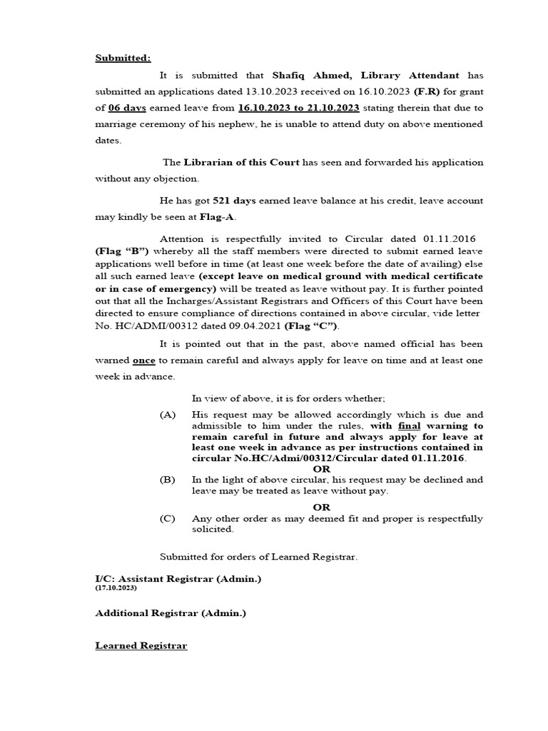 Leave Shafiq Ahmed, Daftary. | PDF