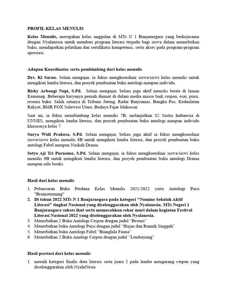 Profil Kelas Menulis | PDF