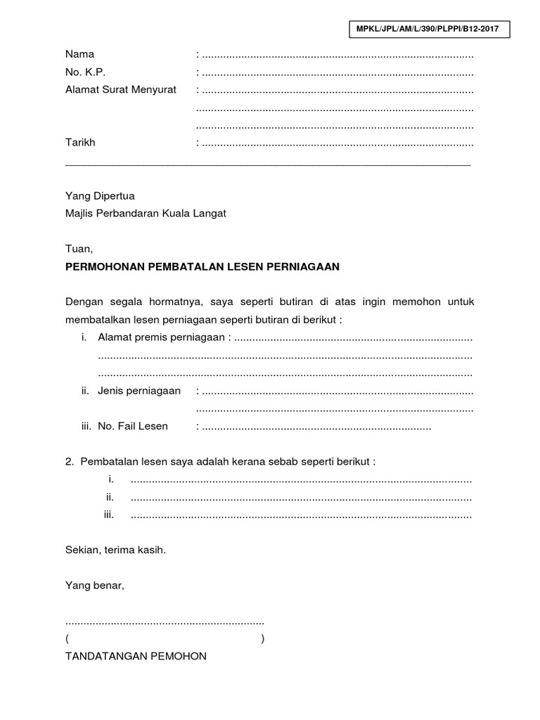 Borang Permohonan Pembatalan Lesen Perniagaan | PDF