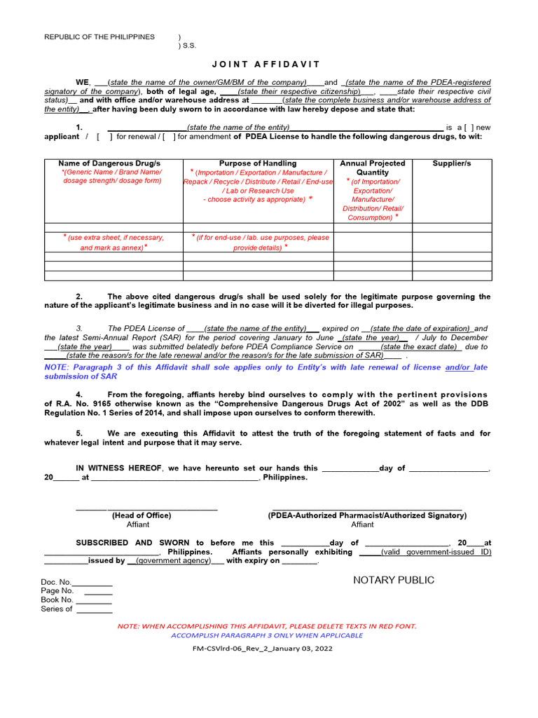 PDEA Joint Affidavit Form Template | PDF