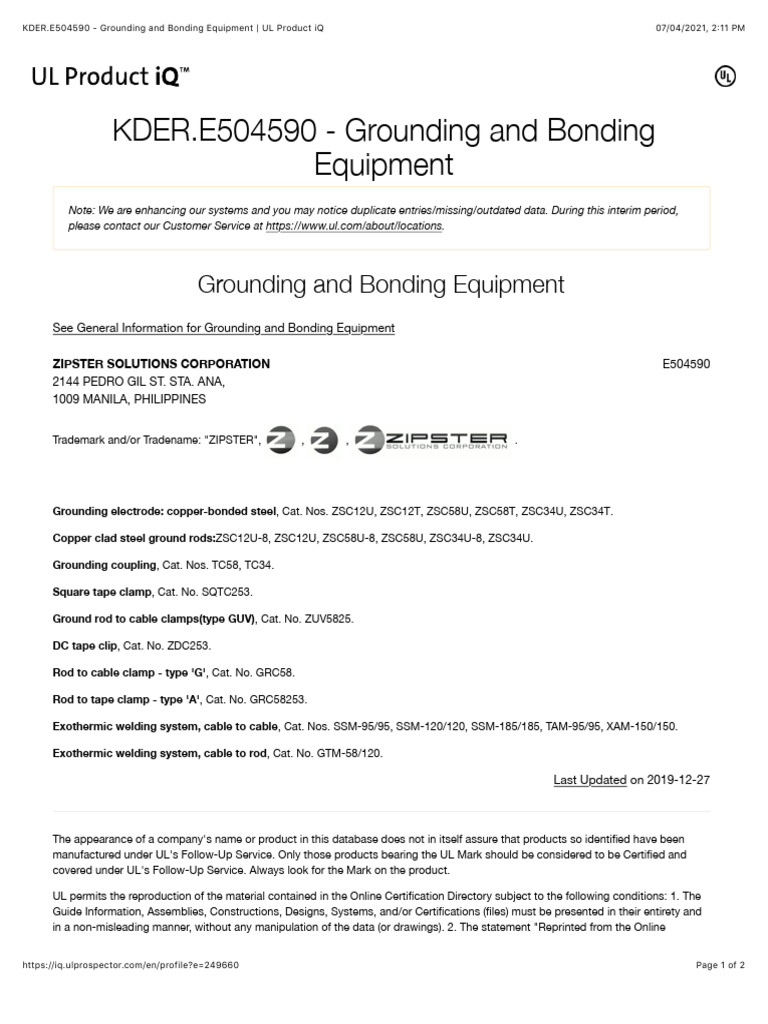 Zipster Grounding Ul E504590 | PDF | Data Management