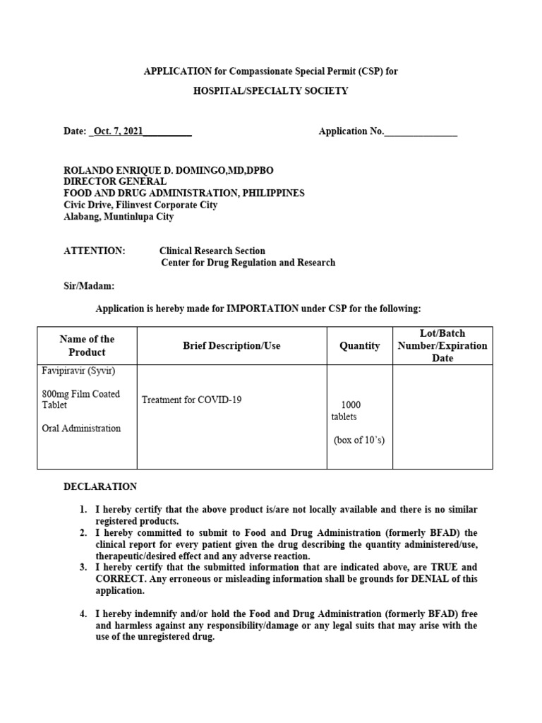 CSP Application Form Favipiravir 800mg | PDF