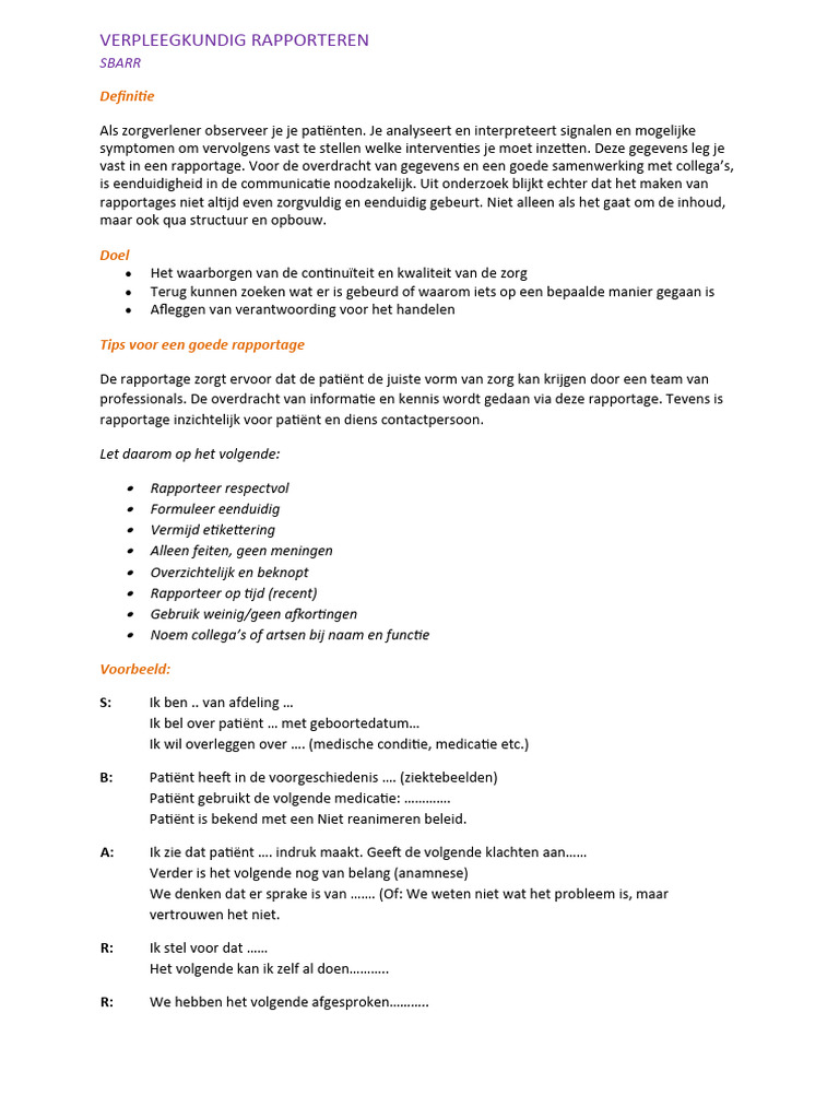SBARR Rapportage Voor Verpleegkundigen | PDF