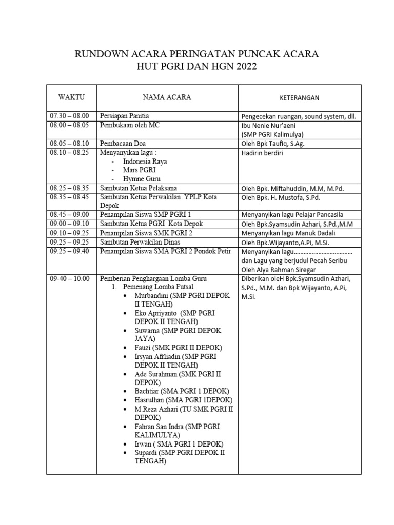 Rundown Acara Peringatan Puncak Acara Hut Pgri | PDF