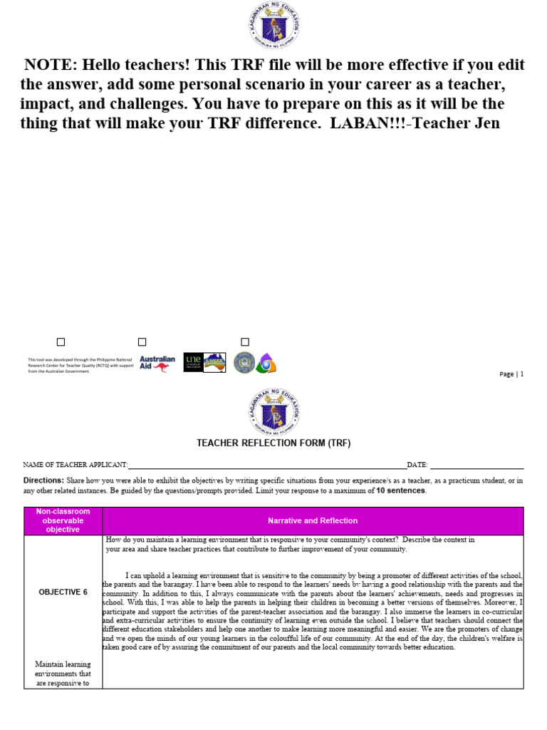 Teacher Reflection Form (TRF) | PDF