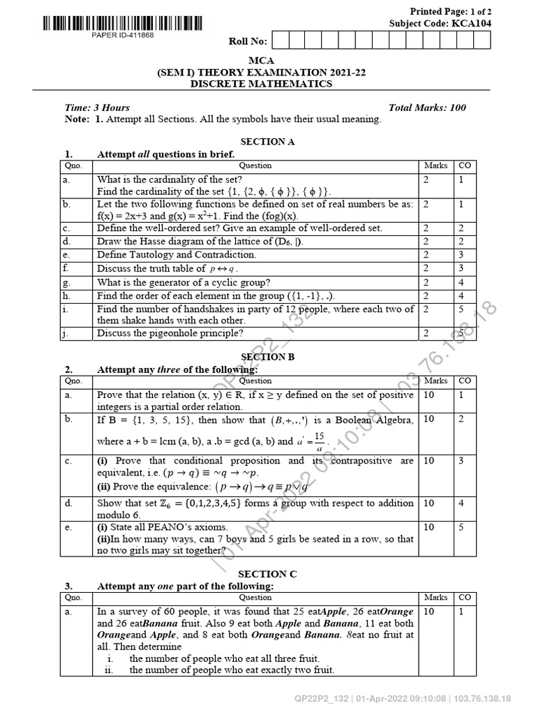 Mca 1 Sem Discrete Mathematics Kca104 2022 | PDF | Integer | Group ... Mca 1 Sem Discrete Mathematics Kca104 2022 | PDF | Integer | Group ...