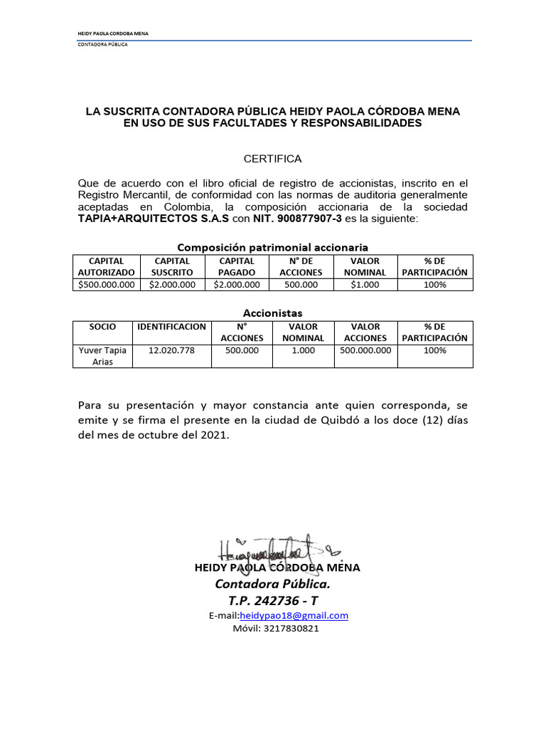 Certificado Composicion Accionaria | PDF Certificado Composicion Accionaria | PDF